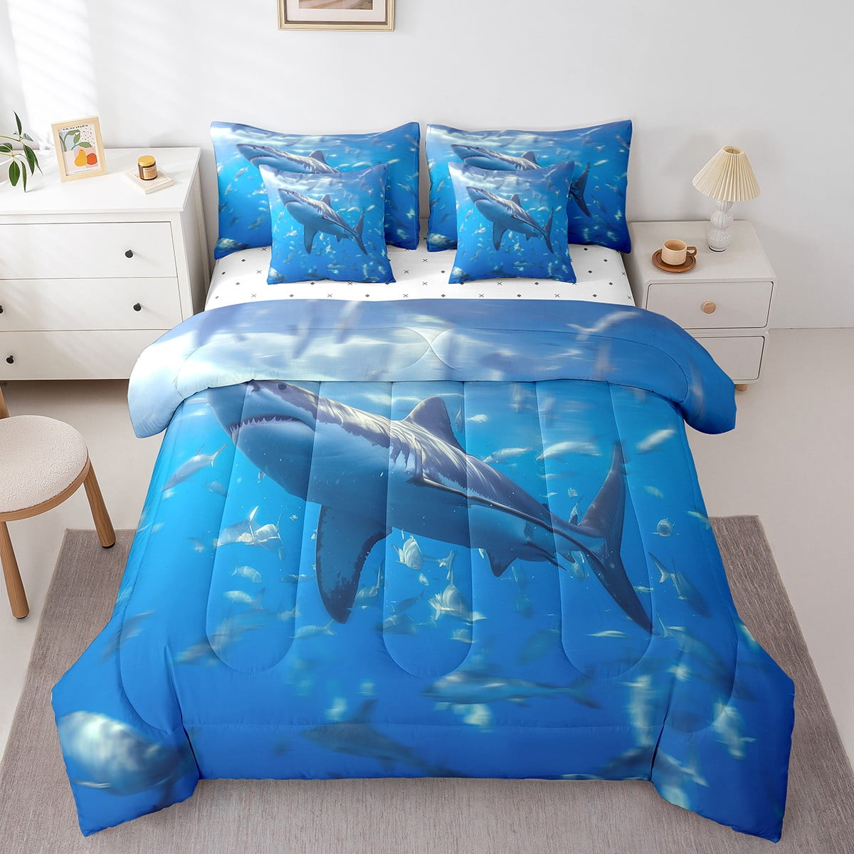 3D Shark Comforter Set 7 Piece ,Ocean Themed Bed in a Bag Bedroom Decor,Marine Life Bedding ...