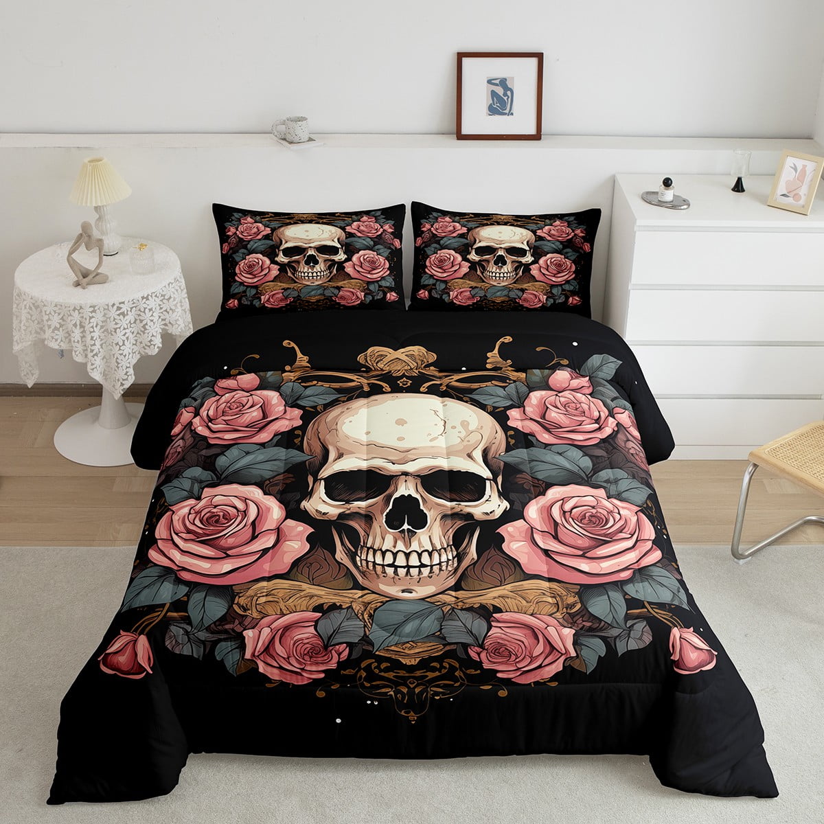 YST 3D Skull Floral Bedding King Size Rose Death Skull Comforter Set ...