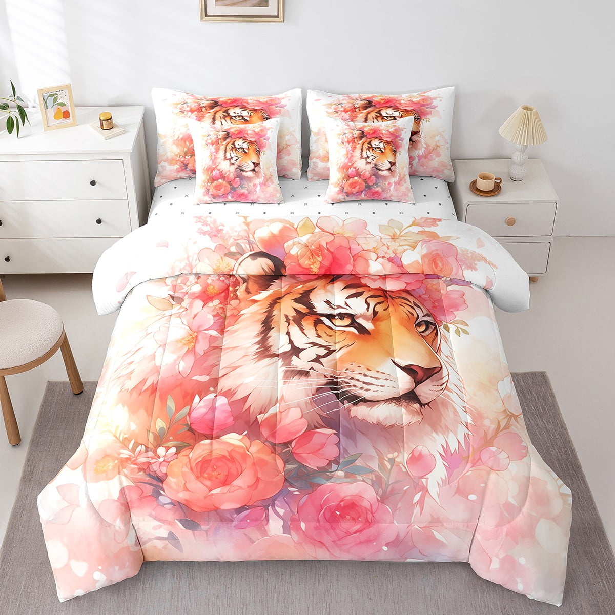 3D Tiger Bed In A Bag 7-Piece Pink Floral Flower Full Size Comforter ...