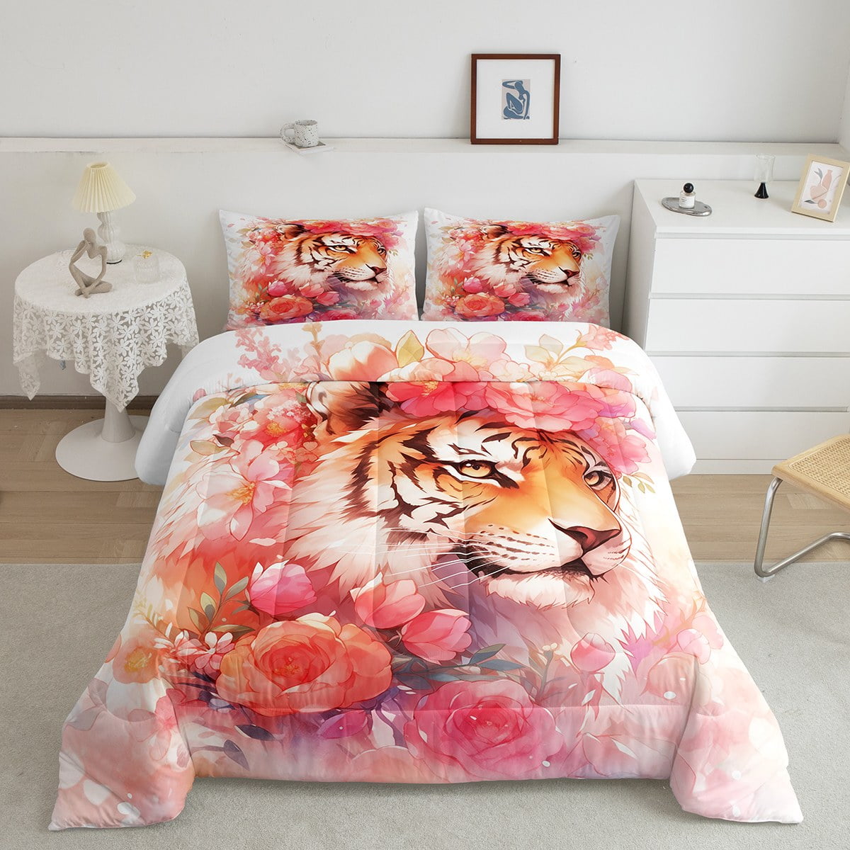 Erosebridal 3D Tiger Comforter Set Full Pink Floral Flower Bedding Set ...