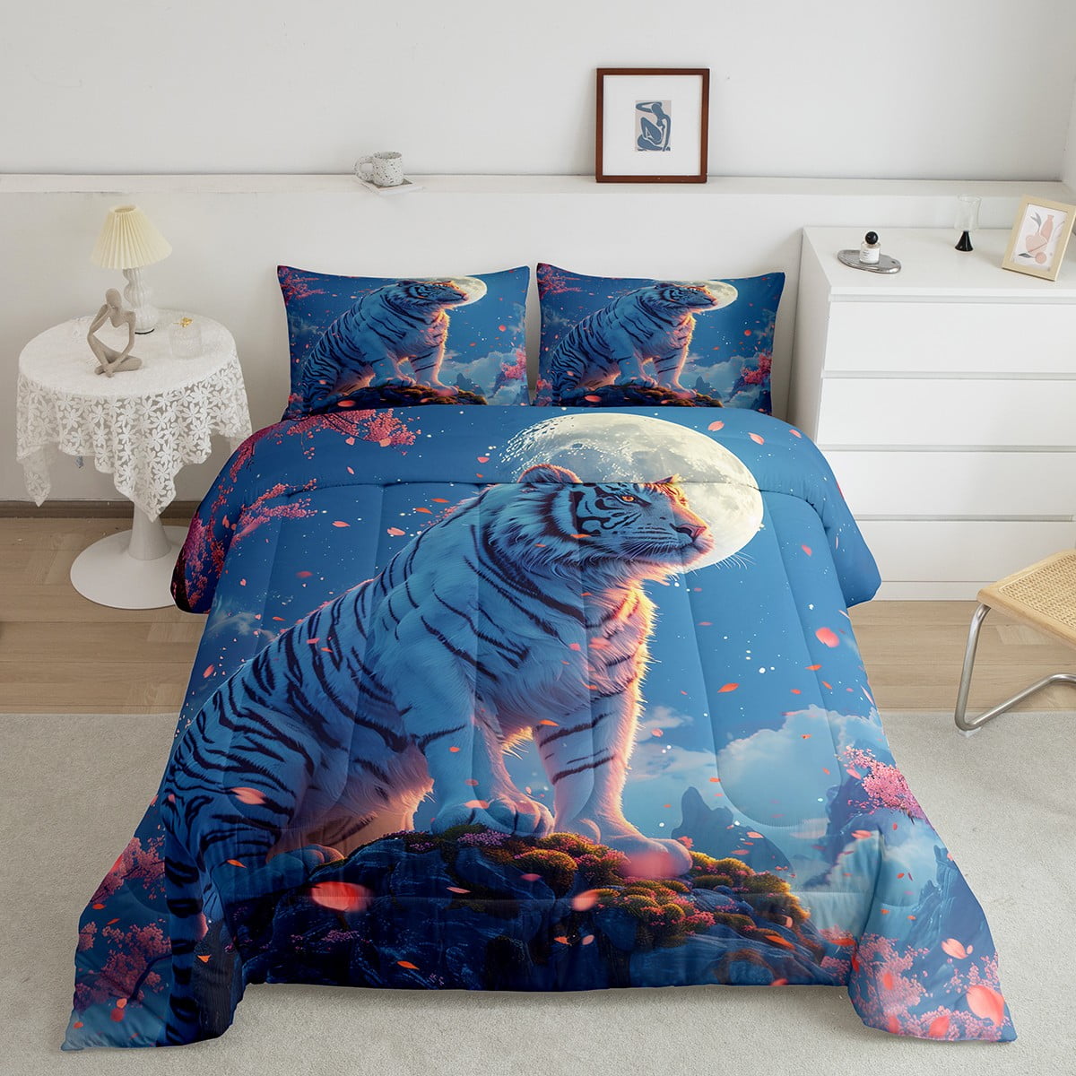 3D Tiger Bedding Sets Jungle Wild Animal Comforter Set, Pink Flower ...