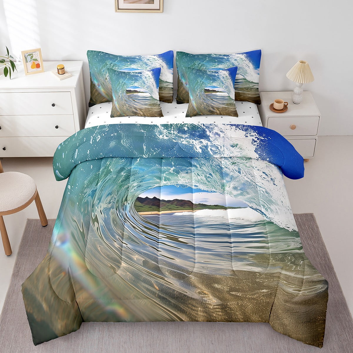 3D Wave Landscape Bedding Sets Blue Sea Ocean Quilt with Flat Fitted ...