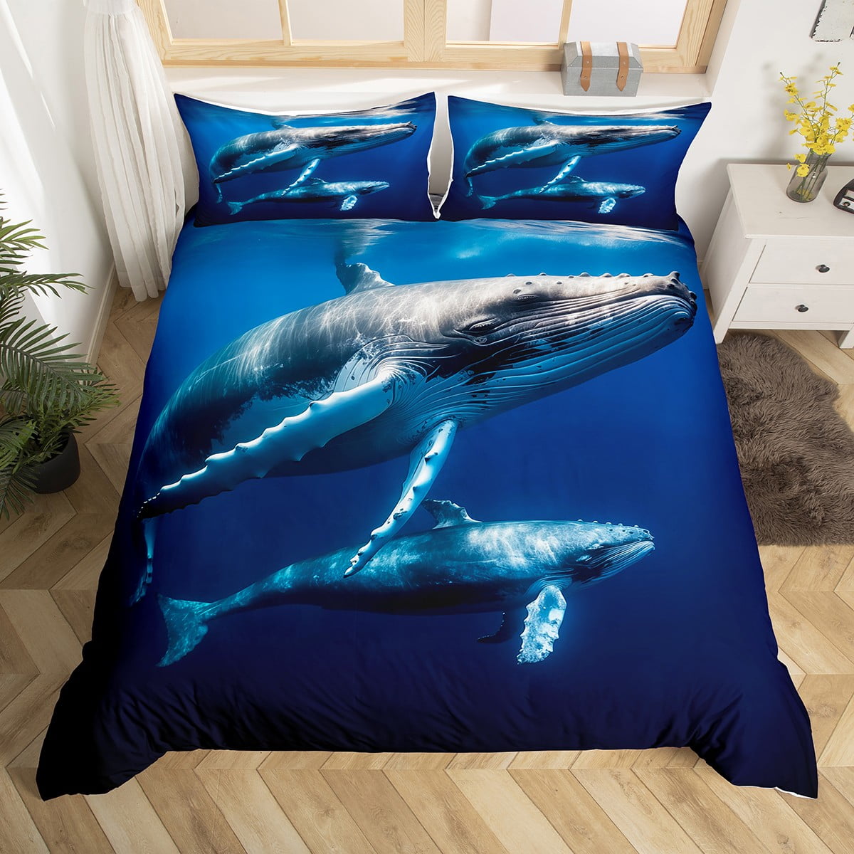 3D Whale Bedding Queen Size Navy Blue Deep Ocean Comforter Cover, Sea ...