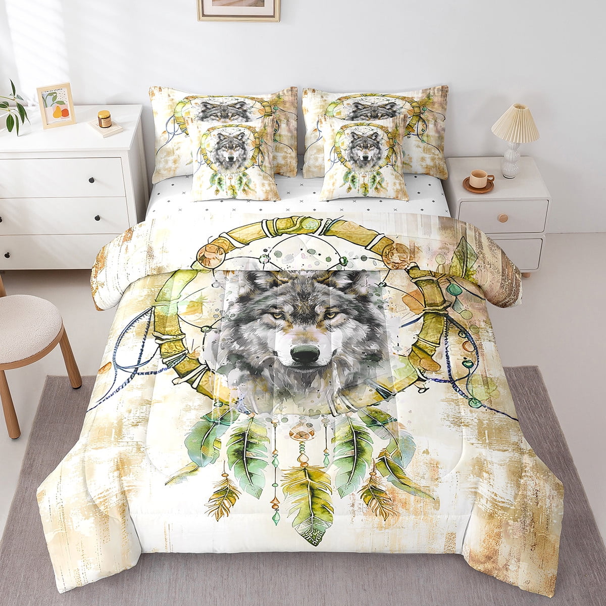 3D Wolf Bed in a Bag 7-Piece Boho Dreamcatcher Bedding Set,Jungle ...