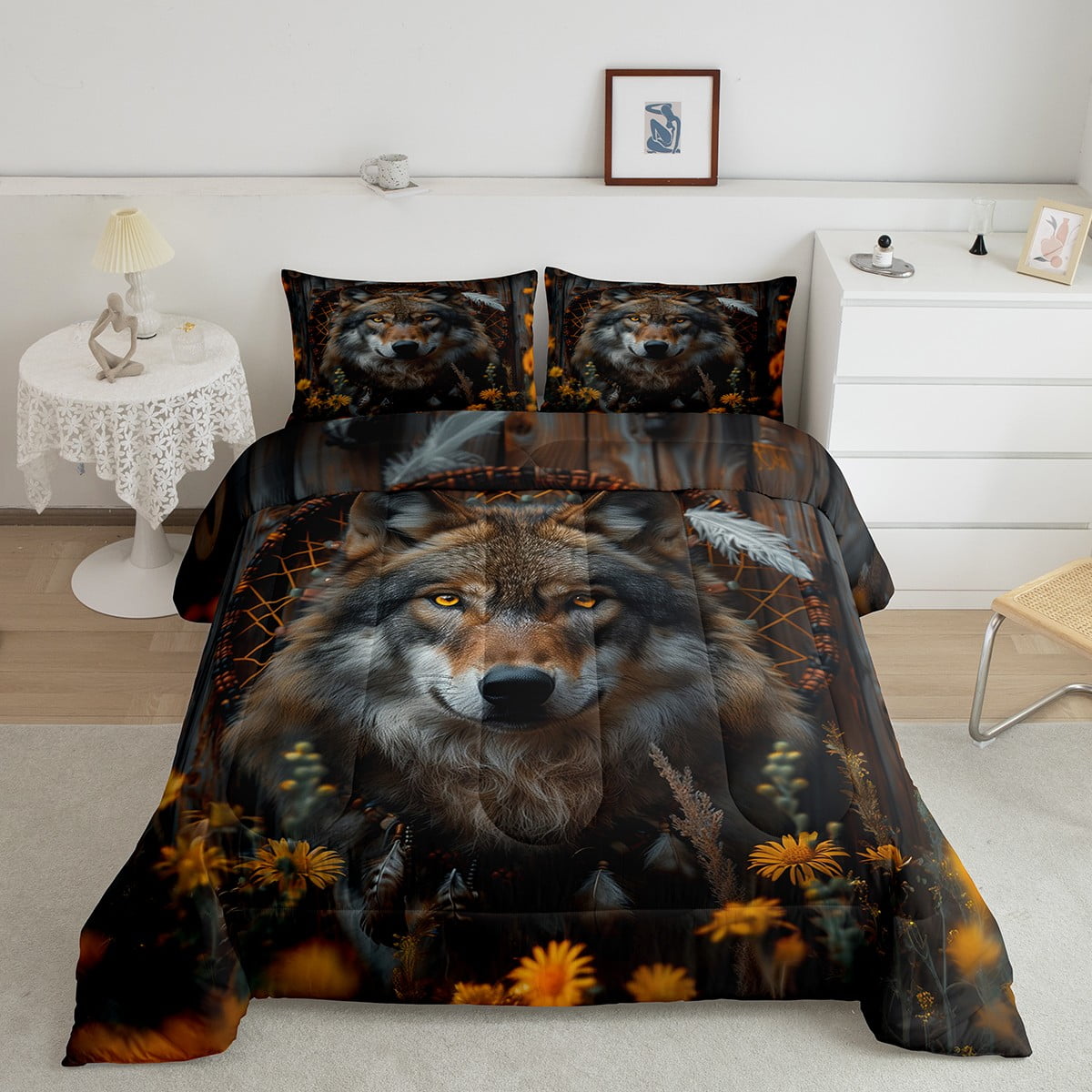3D Wolf Comforter Set,Dreamcatcher Feather Bedding with 2 Pillowcases ...