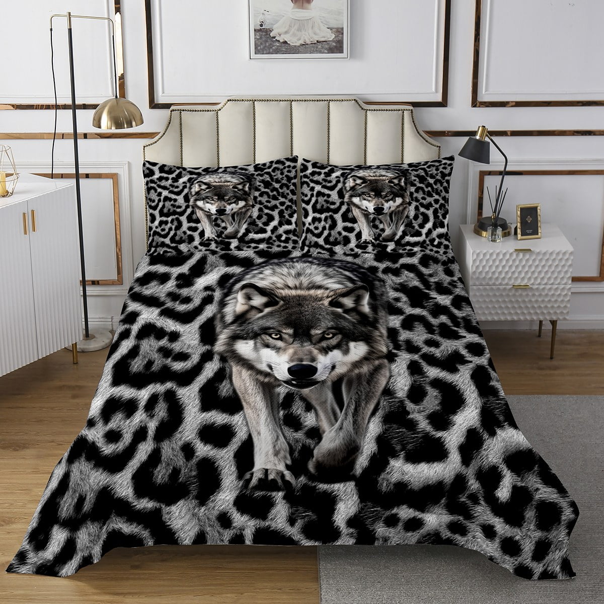 YST 3D Wolf Gifts Bedding Set White Silvery Leopard Print Bedspread Set ...