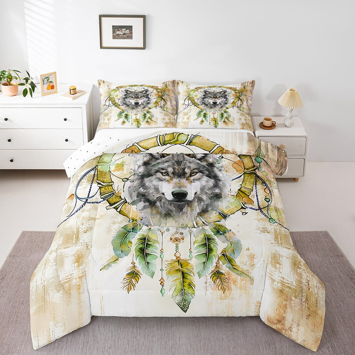 3D Wolf Queen Size Comforter Set Boho Dreamcatcher Bedding Set,Jungle ...