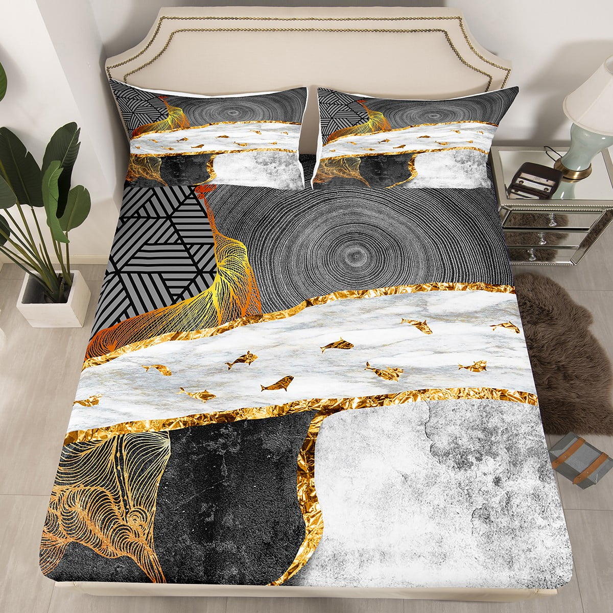YST 3Pcs Bed In A Bag Gold Metallic Marble Fitted Sheet Black and White ...