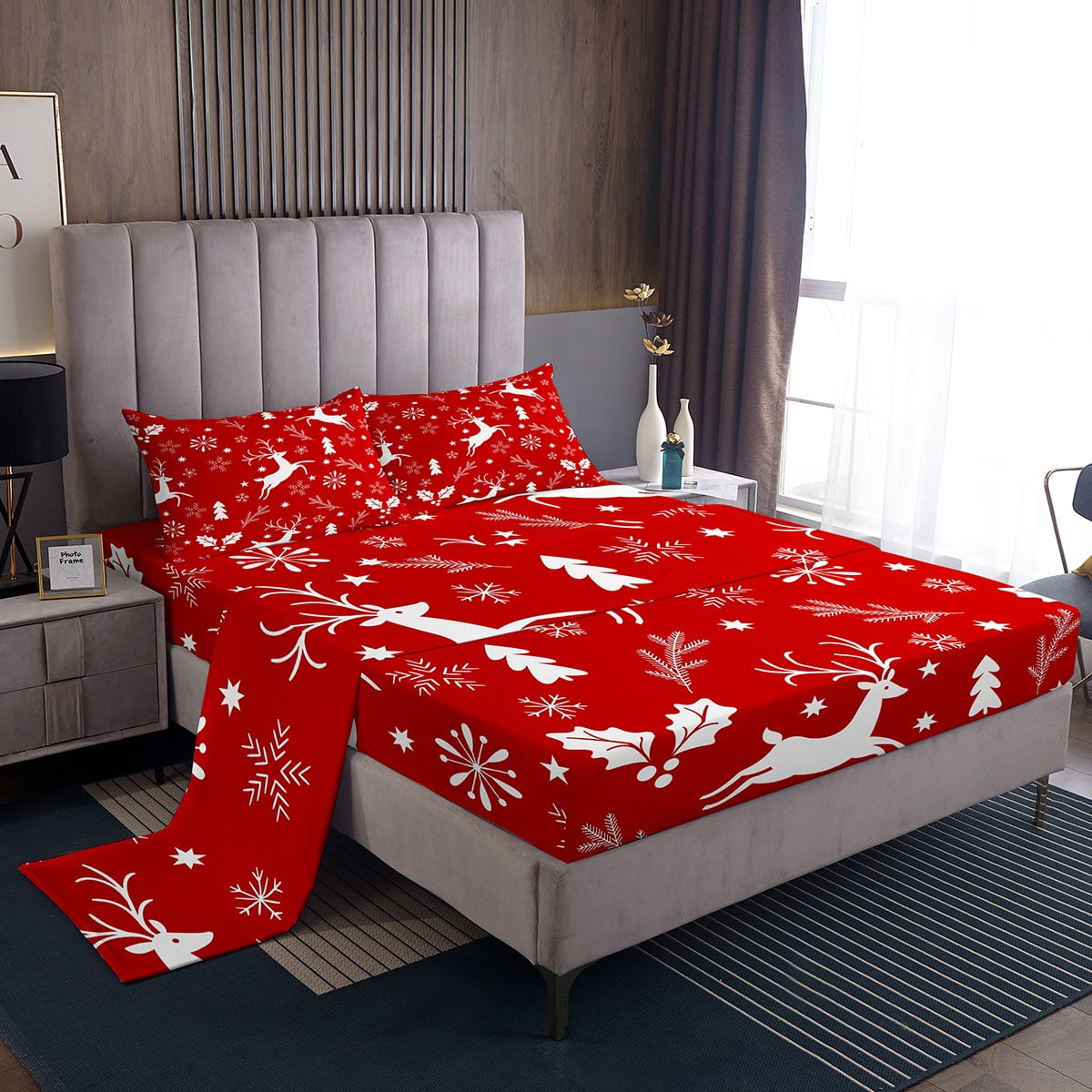 YST 4 Piece Bed In A Bag Queen, White Red Reindeer Printed Pattern ...