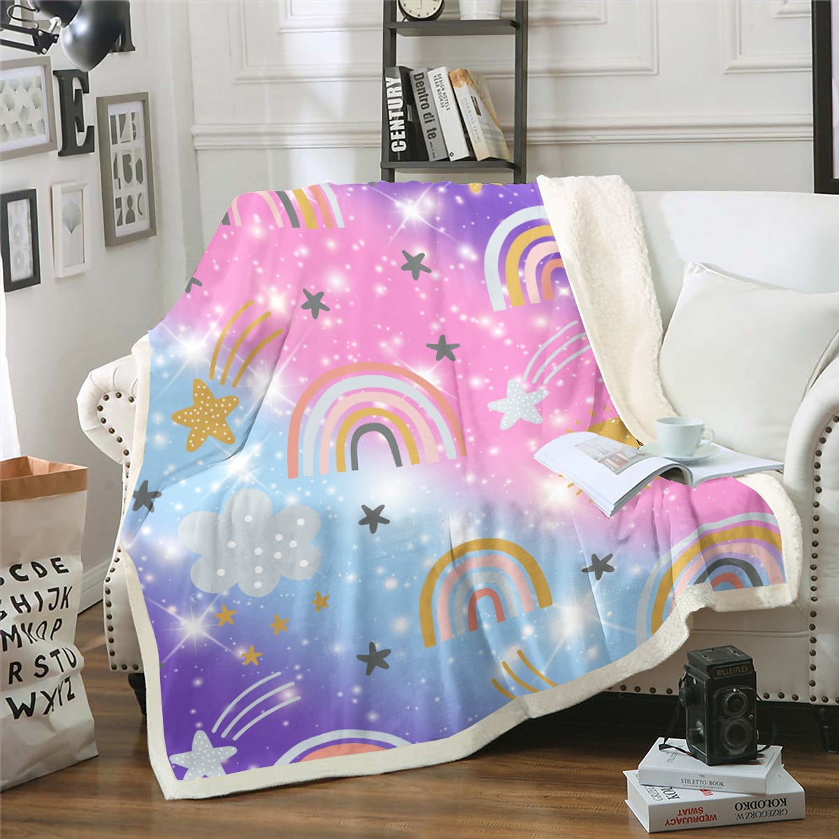 YST 40"X50" Girls Pink Glitter Throw Blanket, Rainbow Sherpa Blanket ...