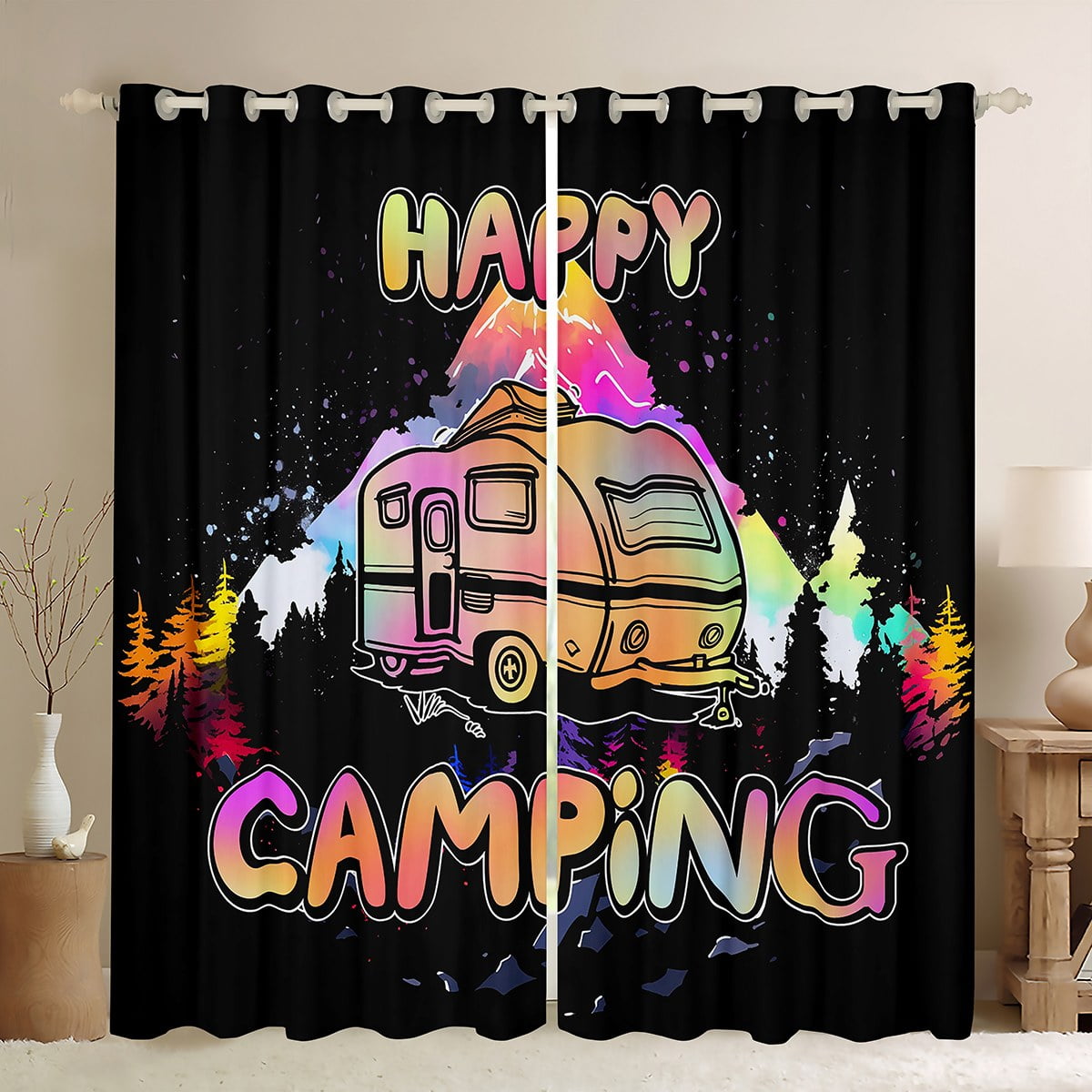 Erosebridal 42''Wx63''L Curtains - Happy Camping Theme With Rv Camper ...