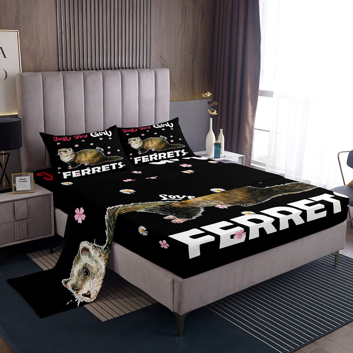 YST 4D Ferret Print Bed Set Girls Cherry Blossoms Bed Sheets Set, Black ...