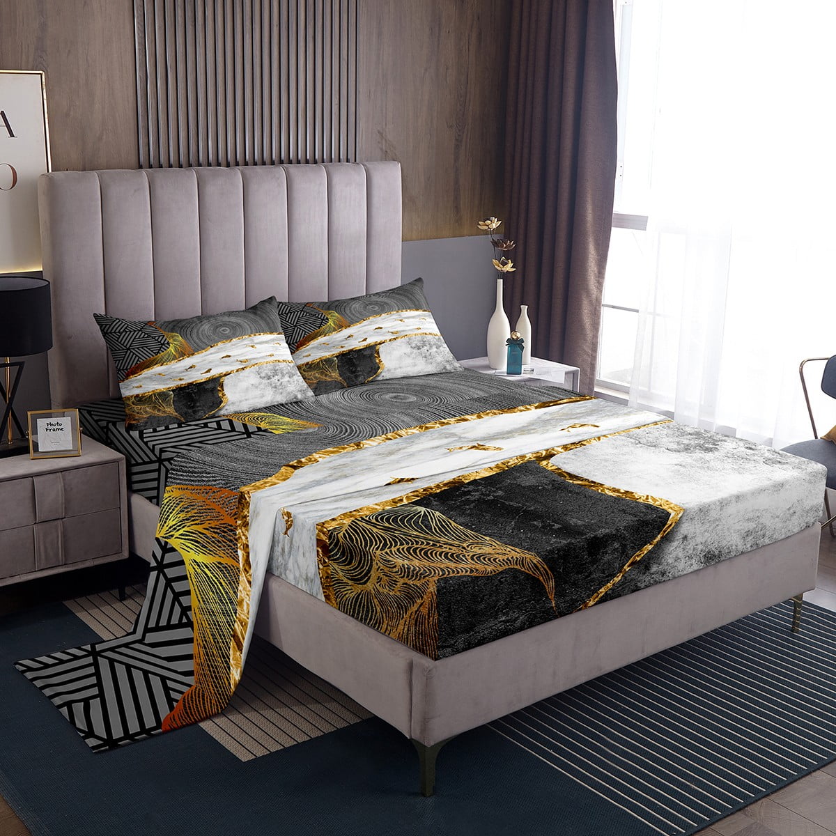 Erosebridal 4Pcs Bed In A Bag Gold Metallic Marble Bed Sheets Set Black ...