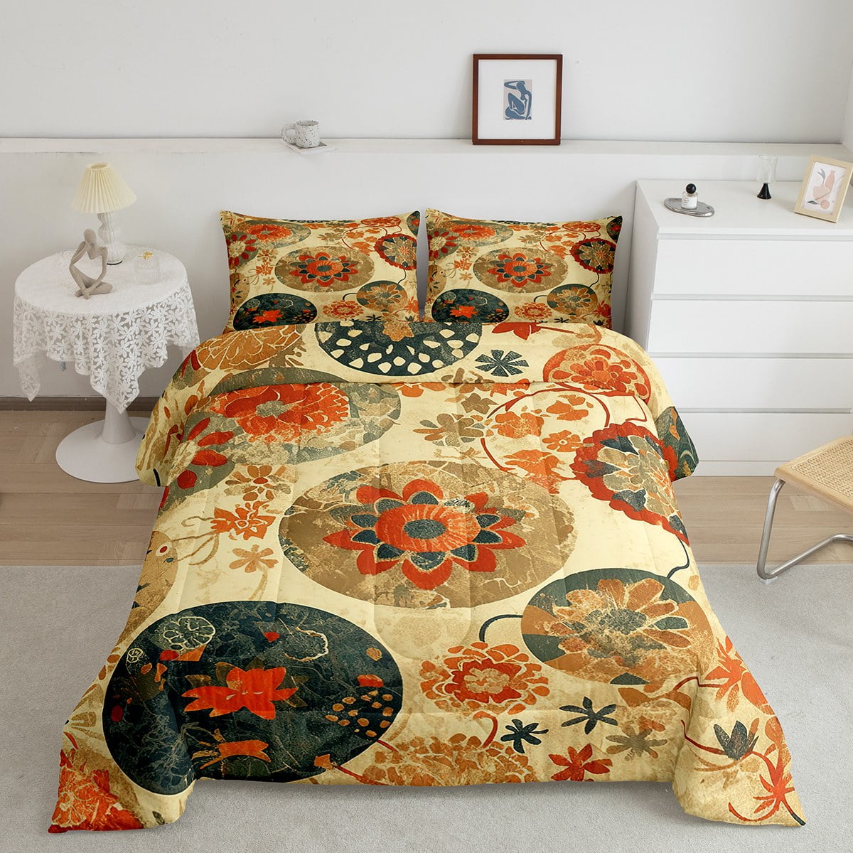 60S 70S 80S Vintage Flowers Comforter Set Queen,Groovy Floral Bedding ...