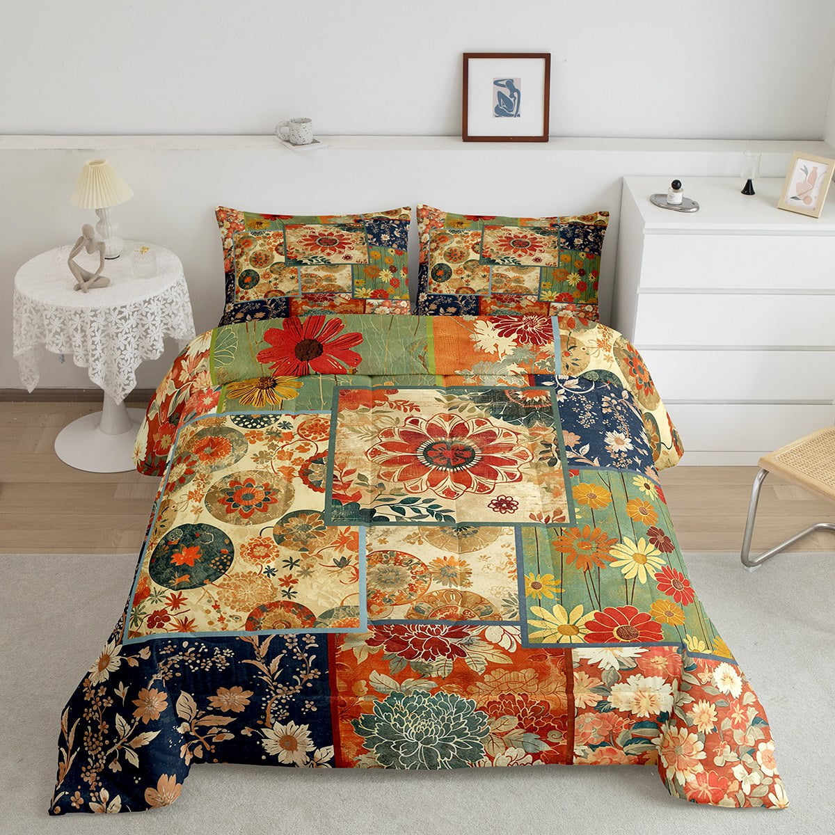 60S 70S Groovy Floral Comforter Set,Bohemian Flowers Bedding Set King ...