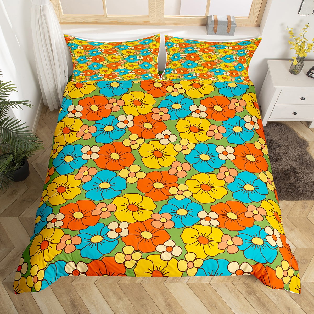 YST 60S 70S Hippie Bedding Set King Size Retro Groovy Flowers Comforter ...