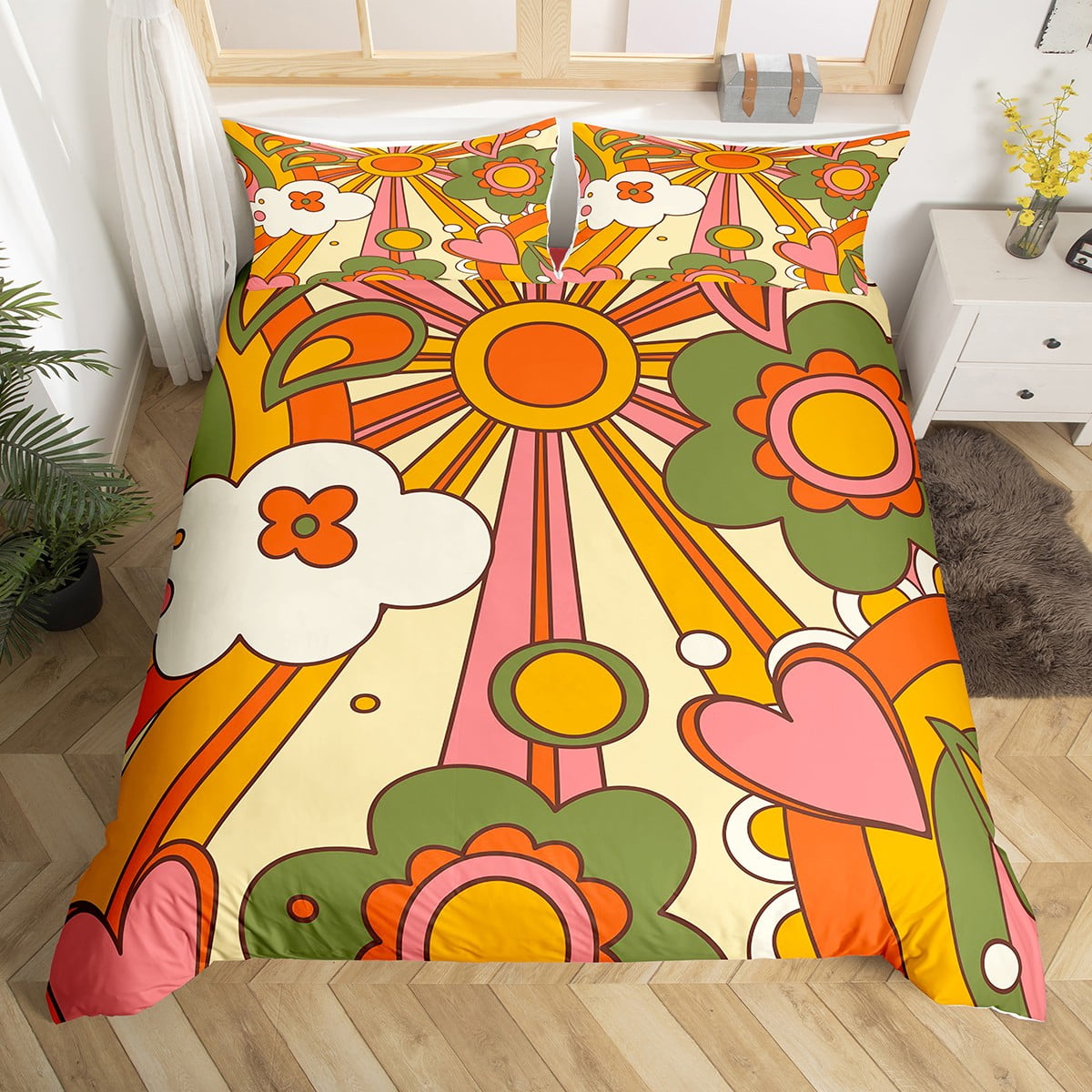 YST 60S 70S Hippie Duvet Cover Queen Vintage Boho Sun Bedding Set ...