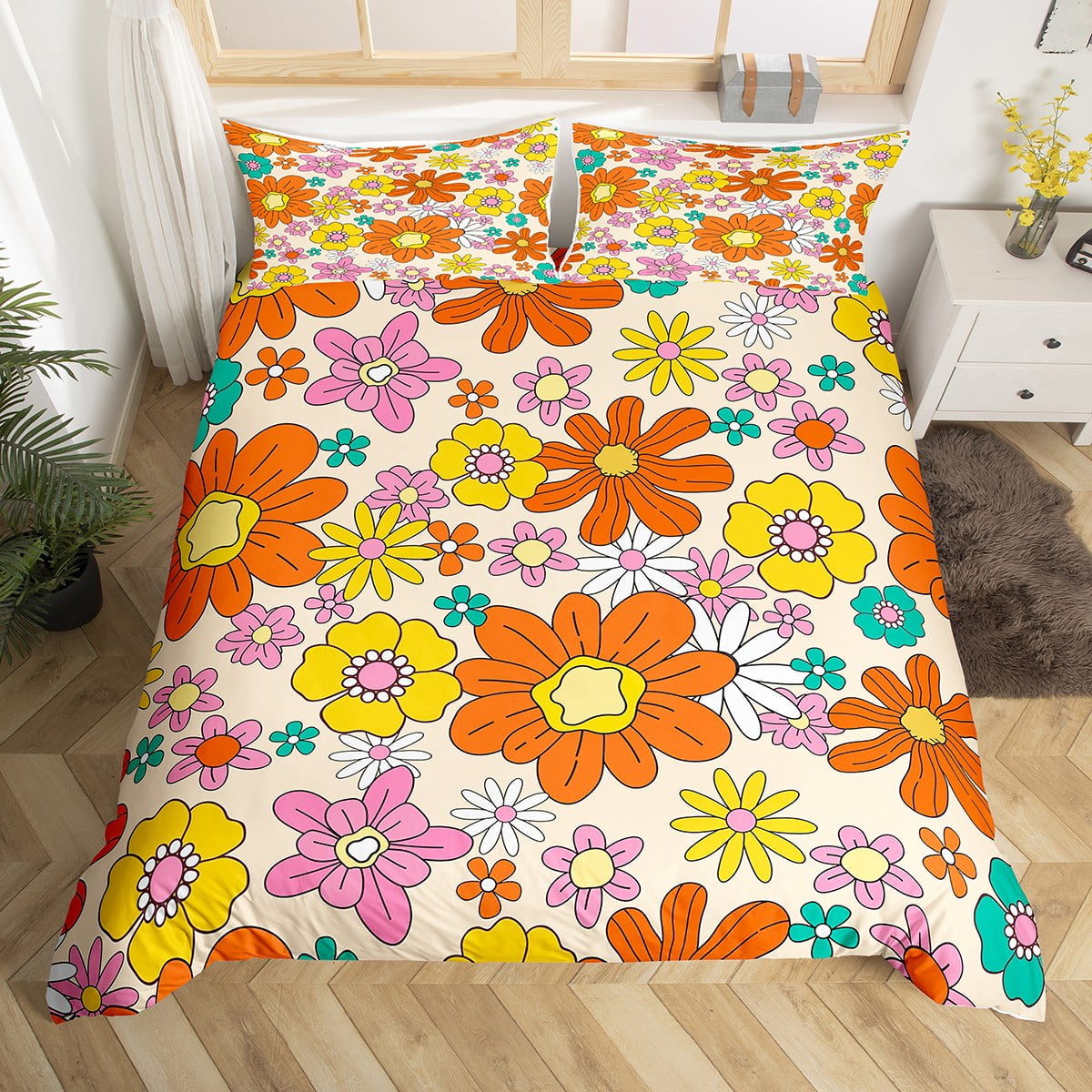 Erosebridal 60S 70S Hippie Flower Bedding Set, Groovy Floral Comforter ...
