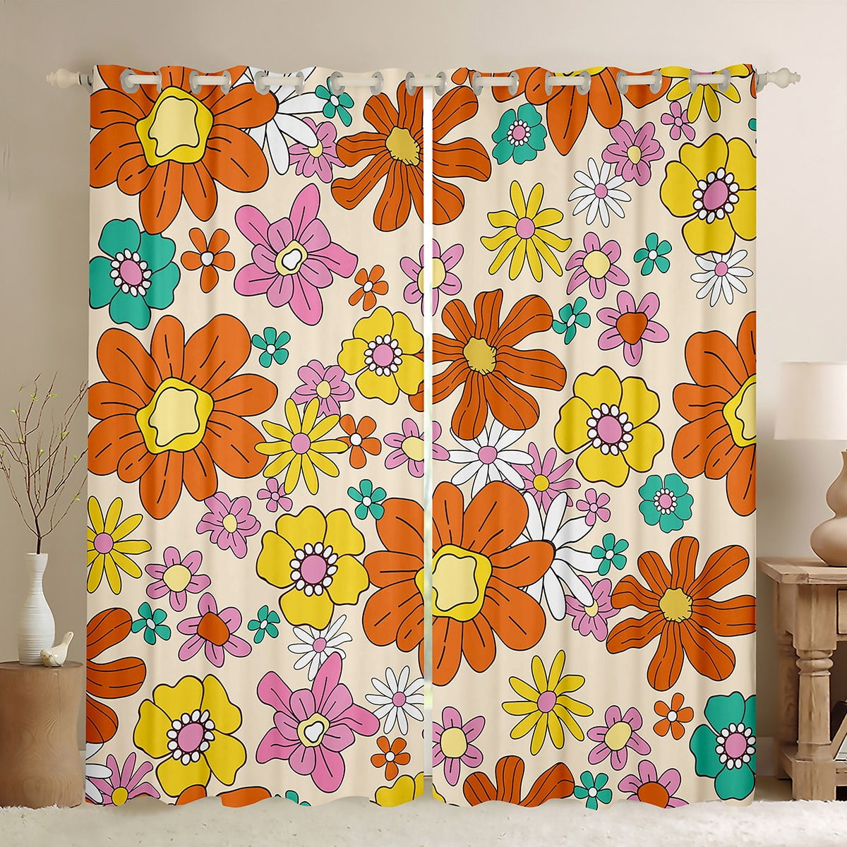 60S 70S Hippie Flower 30%-50% Blackout Curtains, Groovy Floral Curtains ...