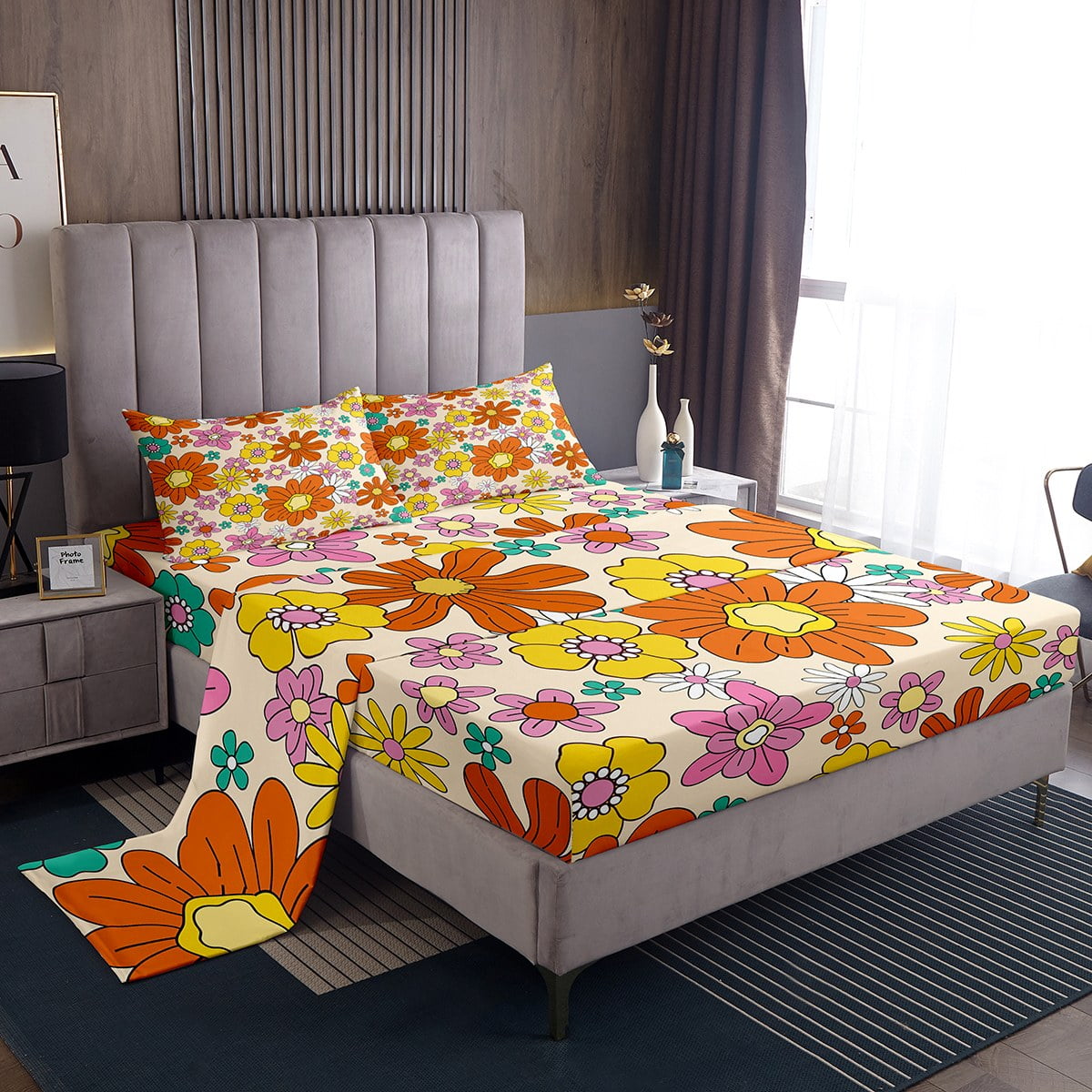 YST 60S 70S Hippie Flower Fitted Sheet, Groovy Floral Sheet Set Queen ...