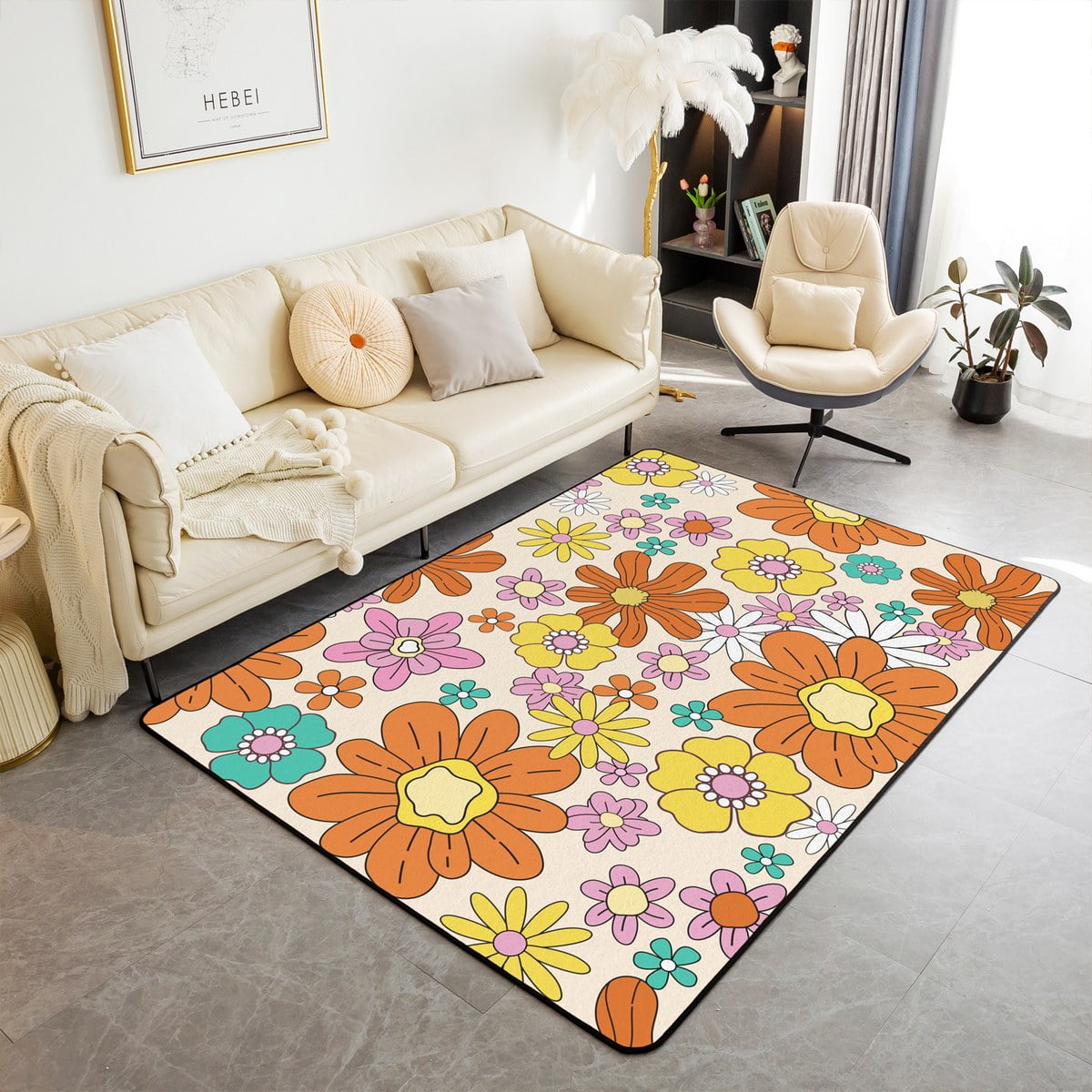 YST 60S 70S Hippie Flower Rug, Groovy Floral Non Slip Carpet For Living ...