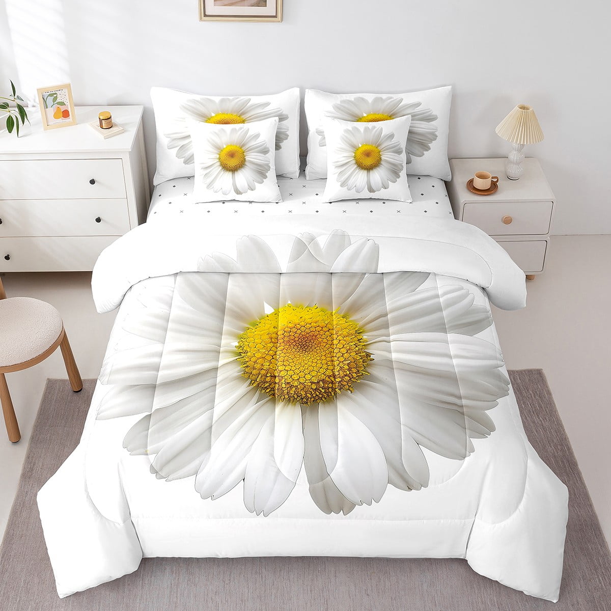 7 Pcs 3D Daisy Bed In A Bag White Yellow Daisy Flower Comforter Set ...