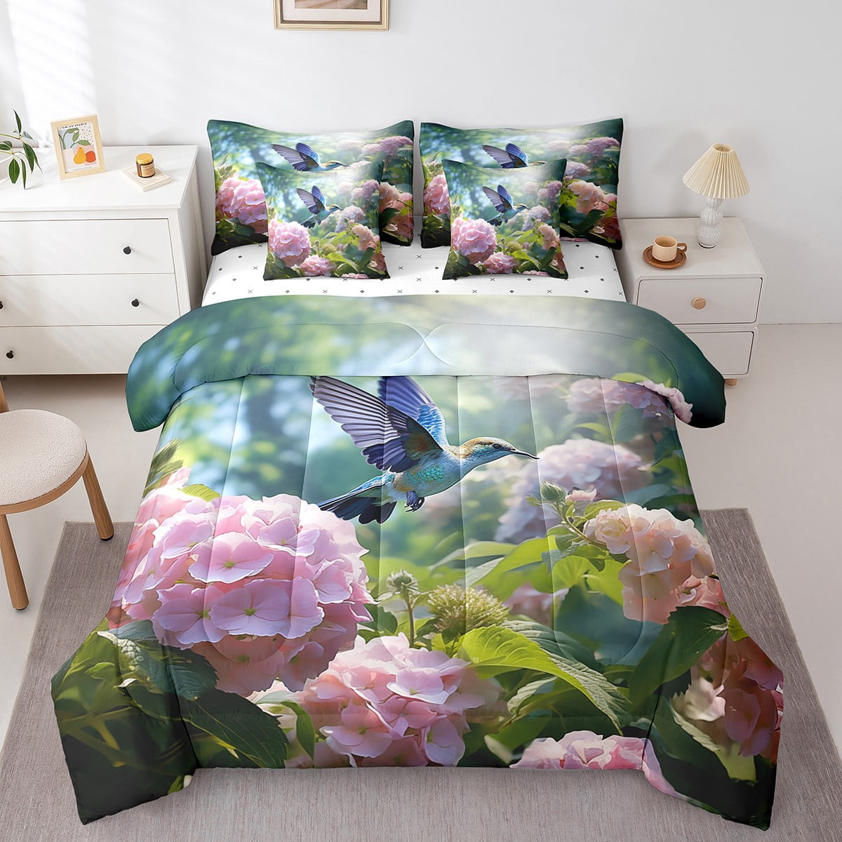 7 Pcs 3D Hummingbird Bed In A Bag Pink Hydrangea Comforter Set Queen ...