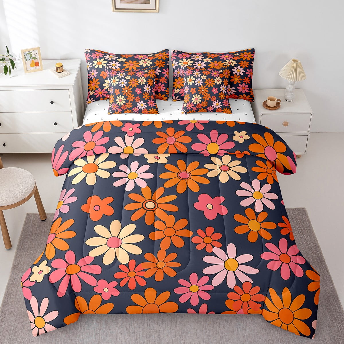 7 Pcs 60s 70s Flower Comforter Set Queen Size,Groovy Flower Bed in a ...