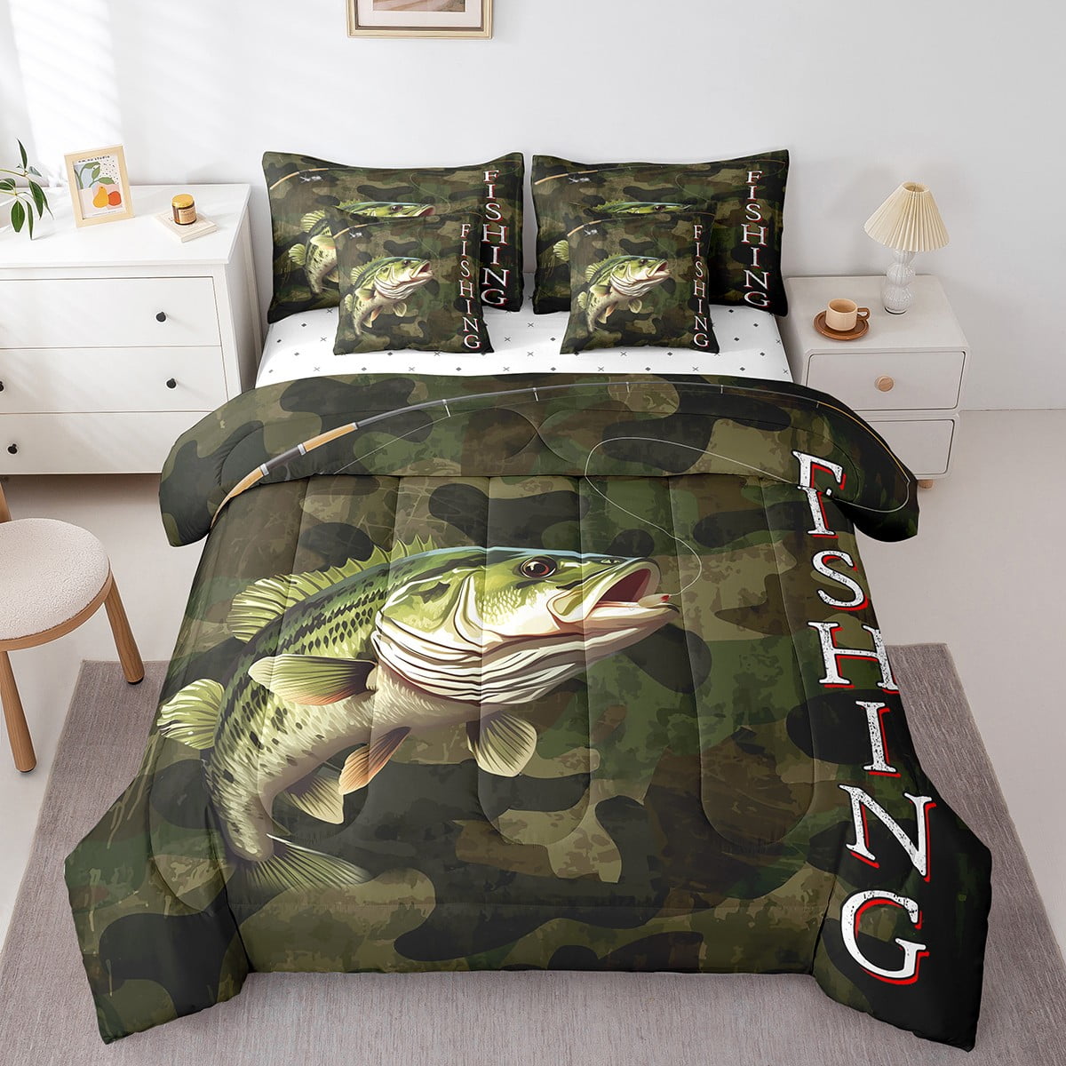 7 Pcs Big Bass Comforter Set King Size, Big Pike Fishing Bed In A Bag ...