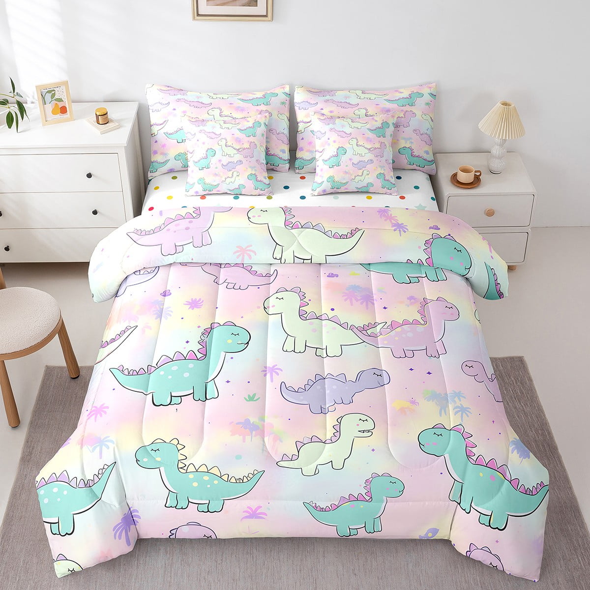 7 Pcs Cartoon Dinosaur Bed In A Bag Colorful Dinosaur Comforter Set ...