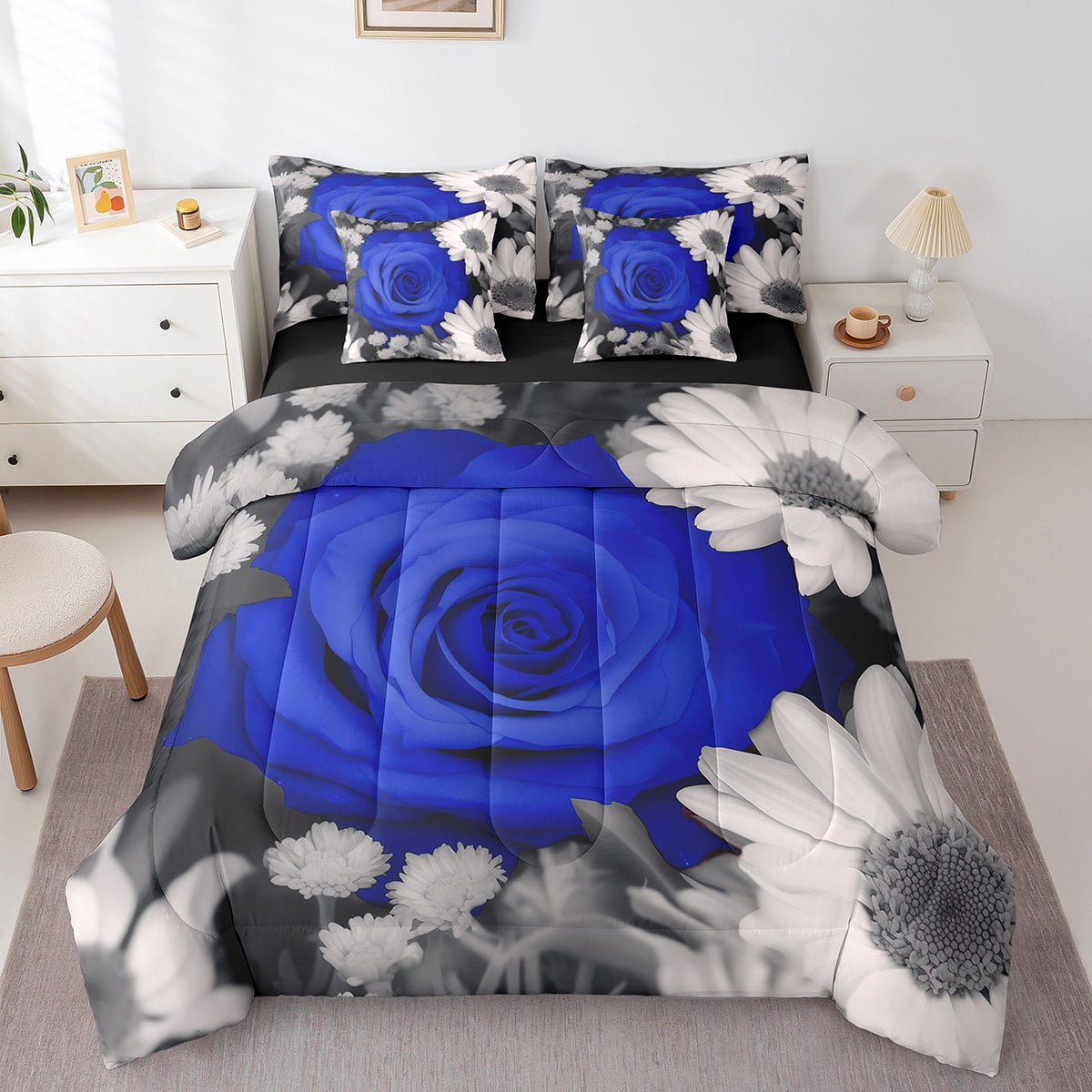 YST 7 Pcs Comforter Set Full Size,Blue Rose Daisy Floral Bed in a Bag ...