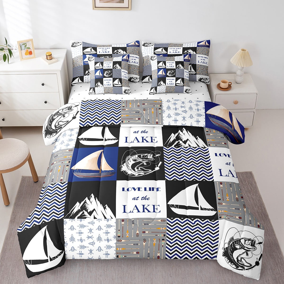 7 Pcs Comforter Set Queen Size, Lake House Bed In A Bag With Flat Sheet ...