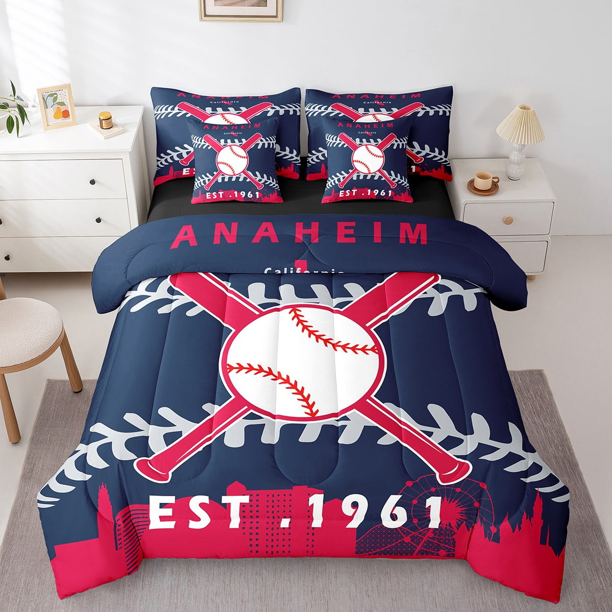 7 Pcs Comforter Set Twin Size,Baseball Bed in a Bag with Flat Sheet and ...