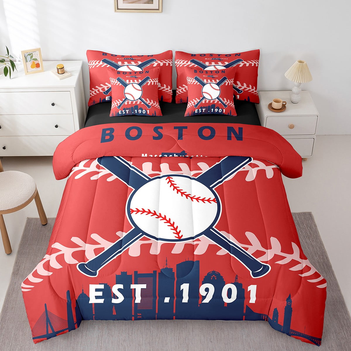 YST 7 Pcs Comforter Set Twin Size,Baseball Fans Bed in a Bag with Flat ...