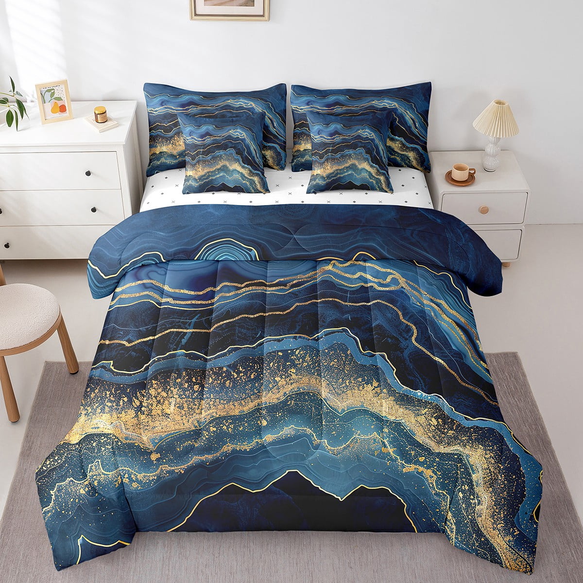 7 Pcs Comforter Set Twin Size, Dark Blue Marble Bed In A Bag With Flat ...
