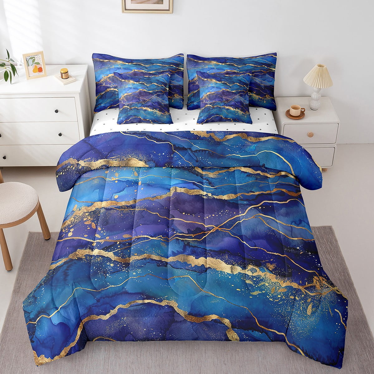 7 Pcs Comforter Set Twin Size, Dark Blue Marble Bed In A Bag With Flat ...