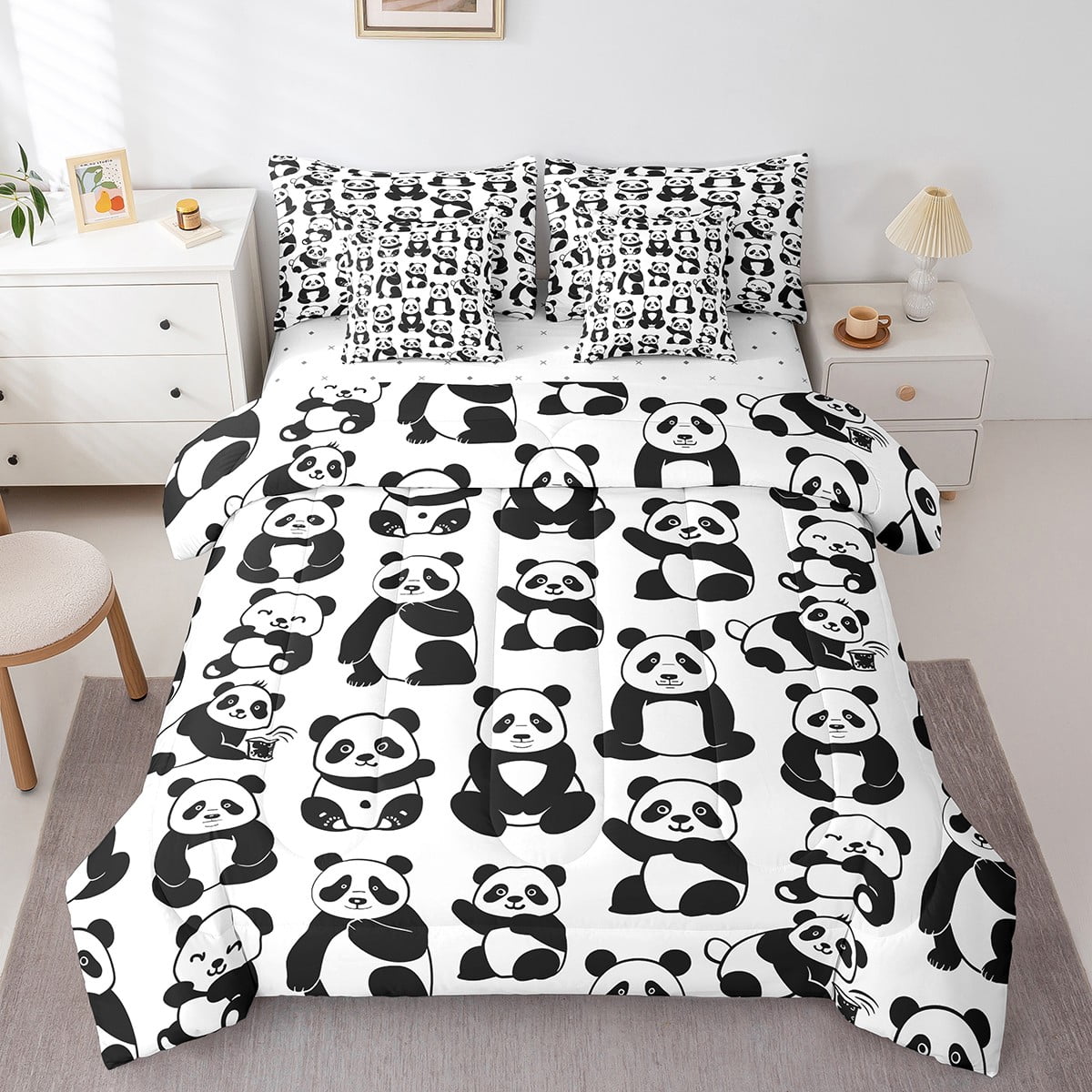 YST 7 Pcs Comforter Set Twin Size, Panda Bed In A Bag With Flat Sheet ...
