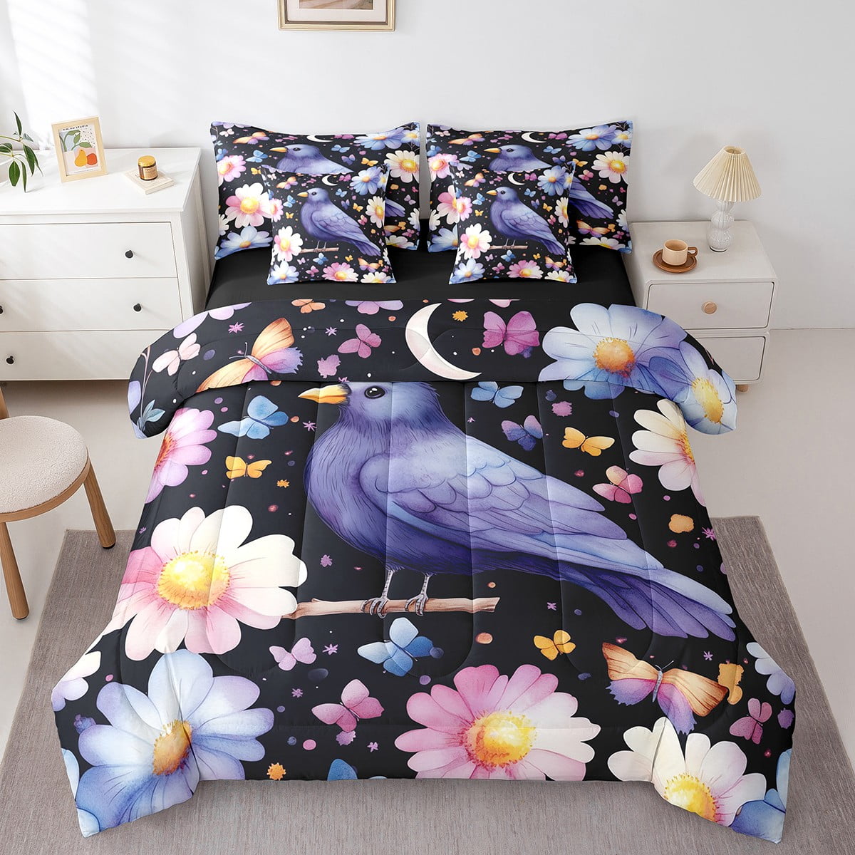 7 Pcs Crow Bedding Set , King Size Raven Halloween Comforter Set Bird ...
