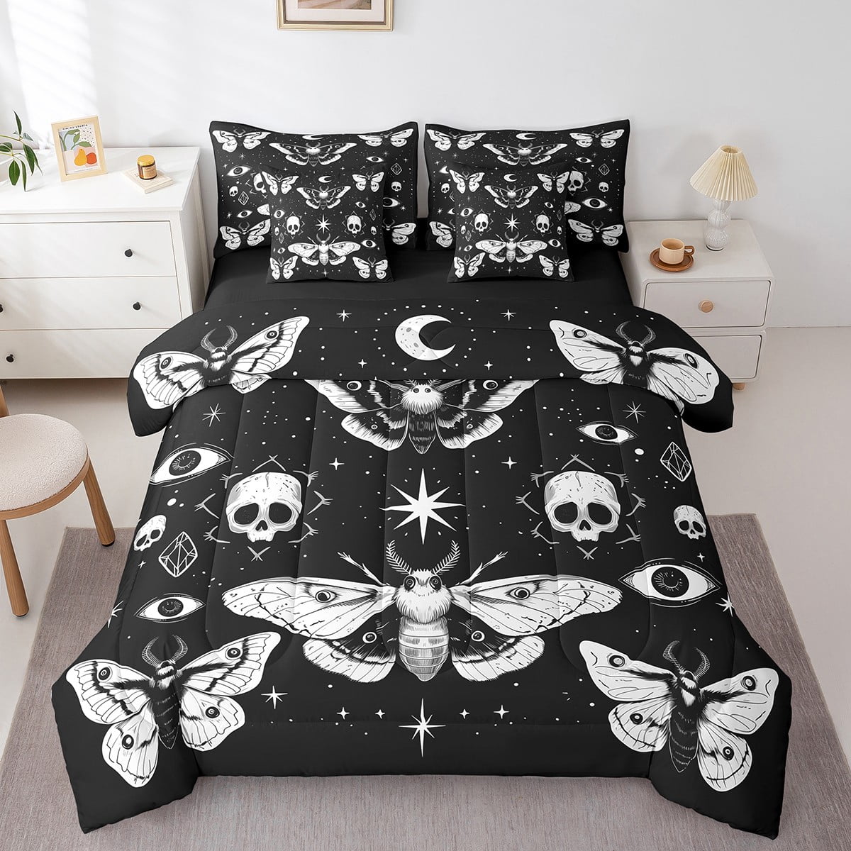 YST 7 Pcs Death Moth Bedding Set For Boys, Queen Halloween Skull ...