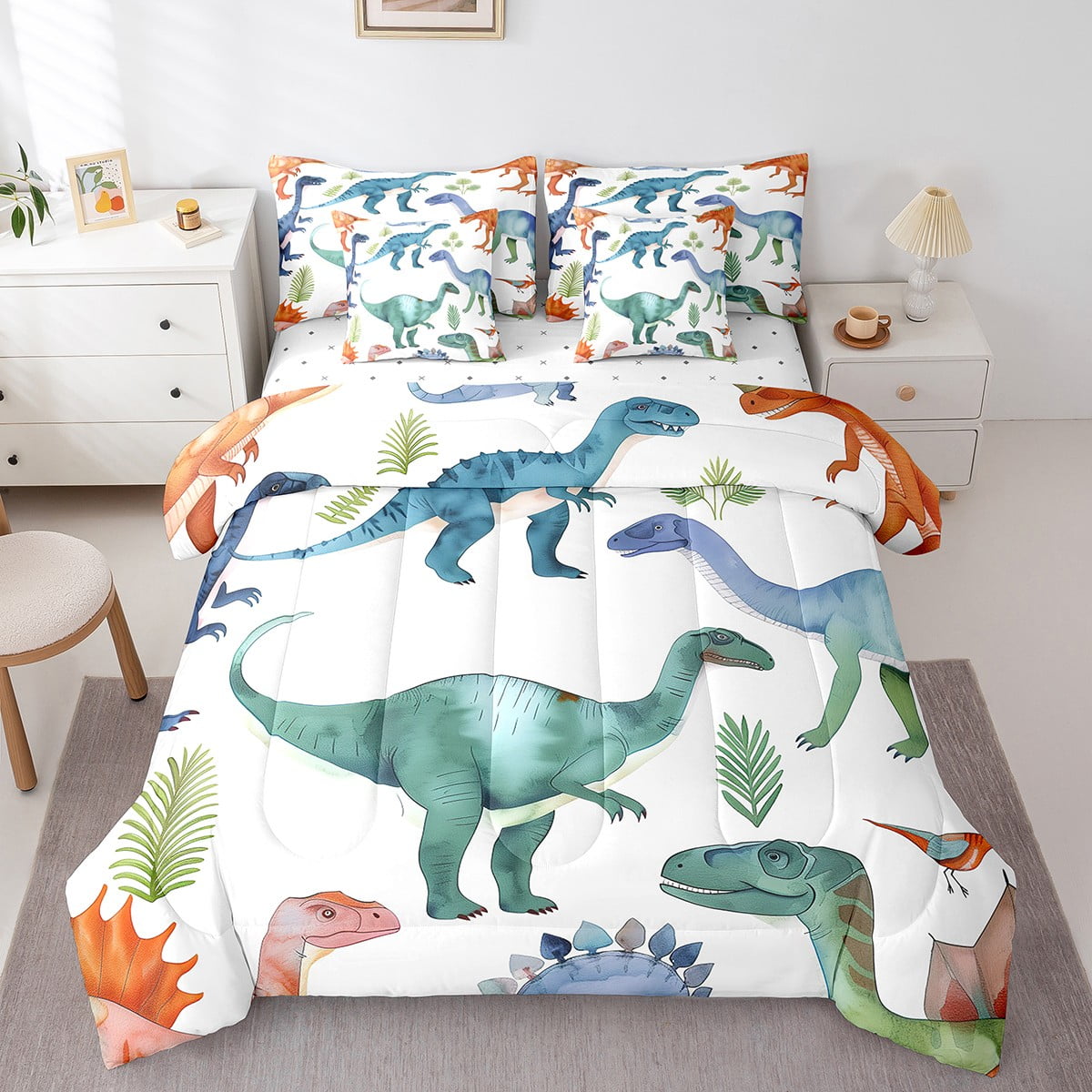 YST 7 Pcs Dinosaur Comforter Set Twin Colorful Dinosaur Quilt with Flat Fitted Sheet Wildlife ...