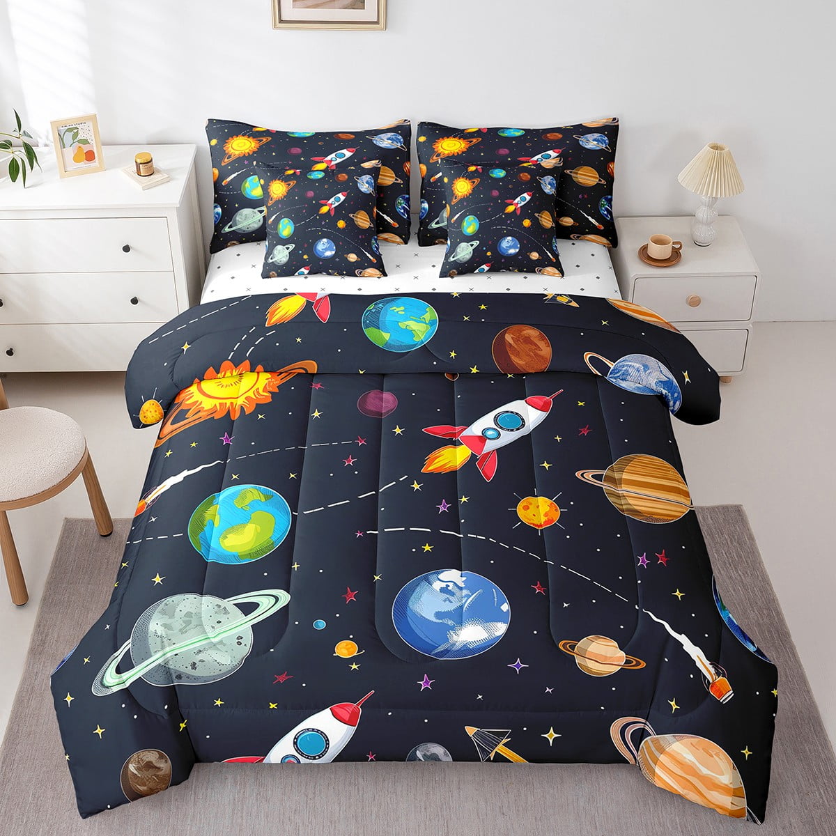 YST 7 Pcs Galaxy Comforter Set Queen Size,Cartoon Out Space Planet Bed ...