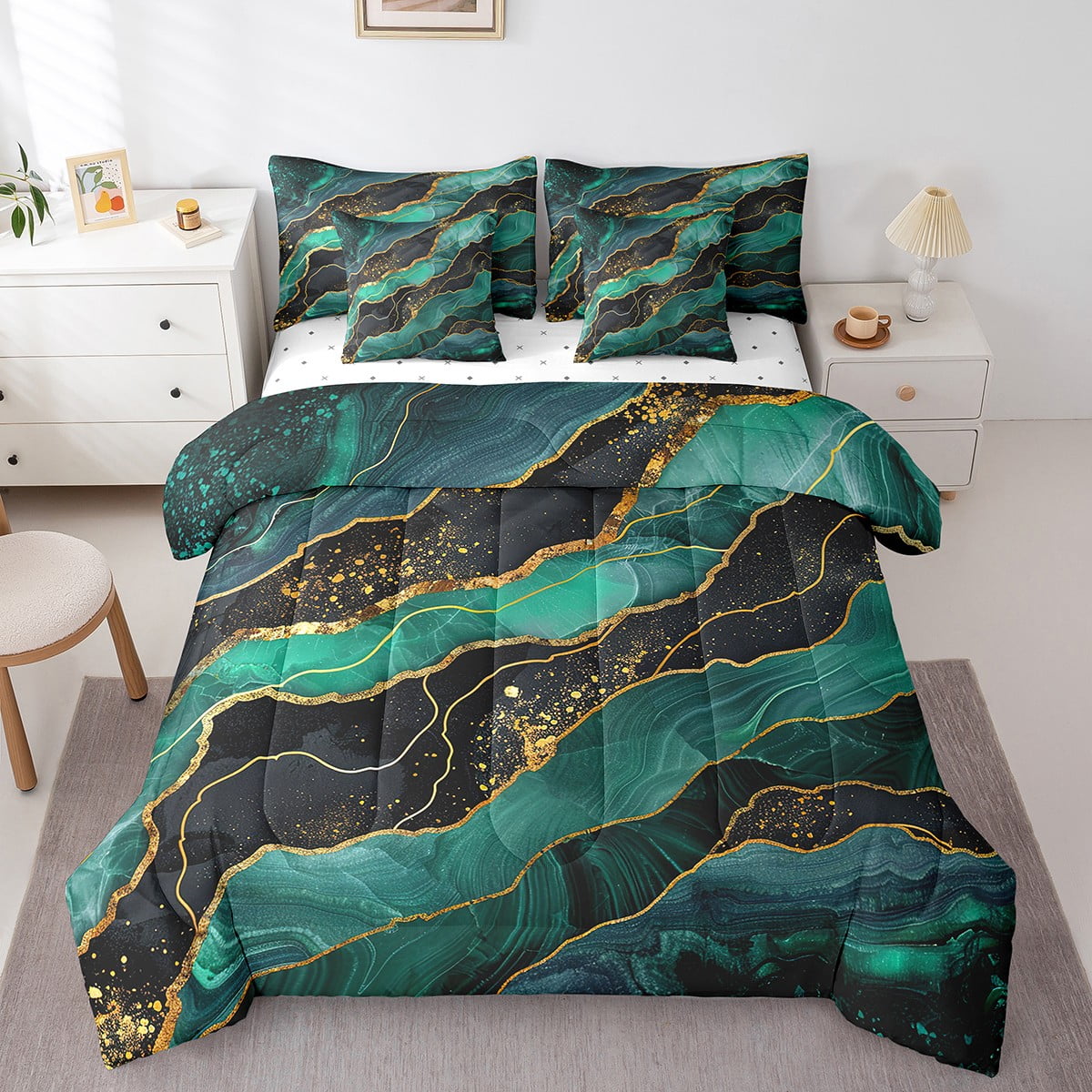 7 Pcs Green Marble Comforter Set King, Gold Glitter Abstract Marbling ...