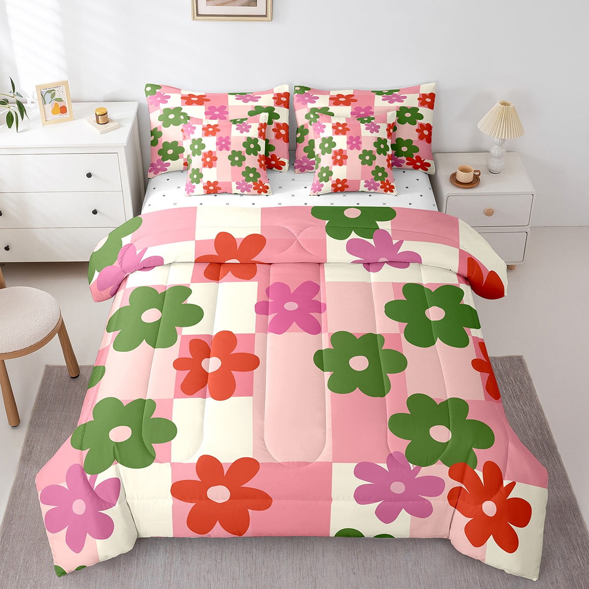 Yst 7 Pcs Groovy Flower Comforter Set Queen Size Girly Flower Bed In A