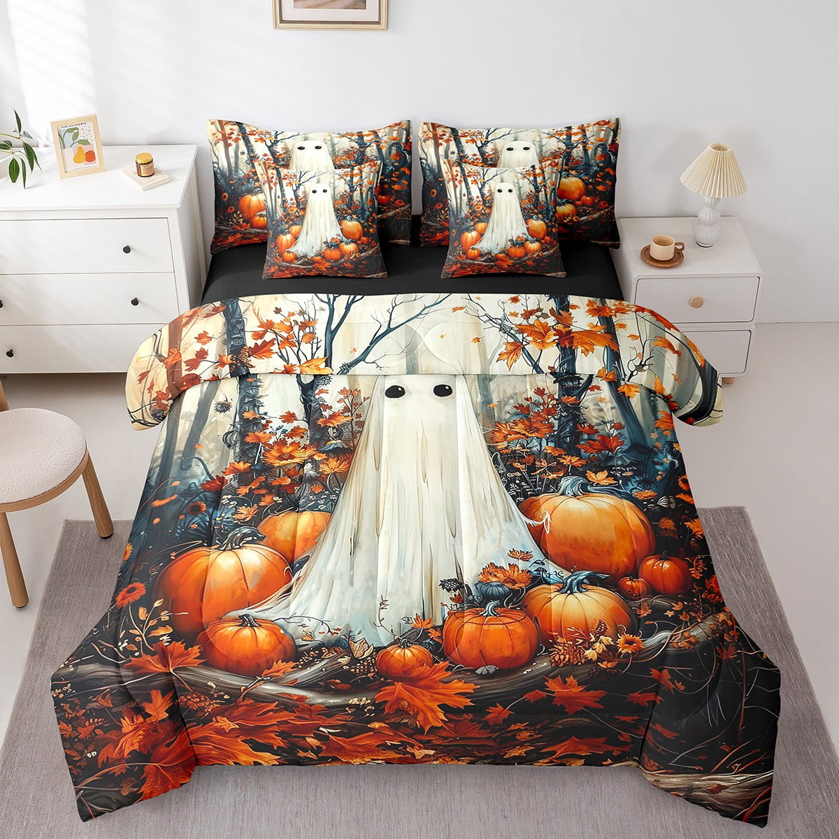 Erosebridal 7 Pcs Halloween Ghost Bed In A Bag King Jungle Wild Pumpkin ...