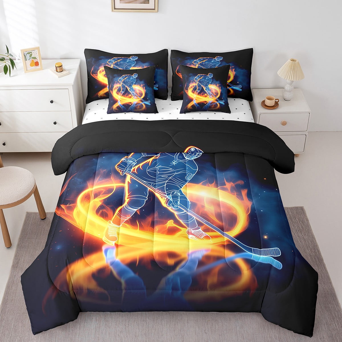 YST 7 Pcs Ice Hockey Bed In A Bag Bedroom Decor Twin Hockey Player ...