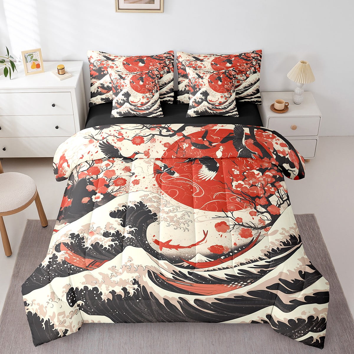 7 Pcs Japanese Crane Bedding Set Bedroom, King Size Japanese Ukiyo-E ...