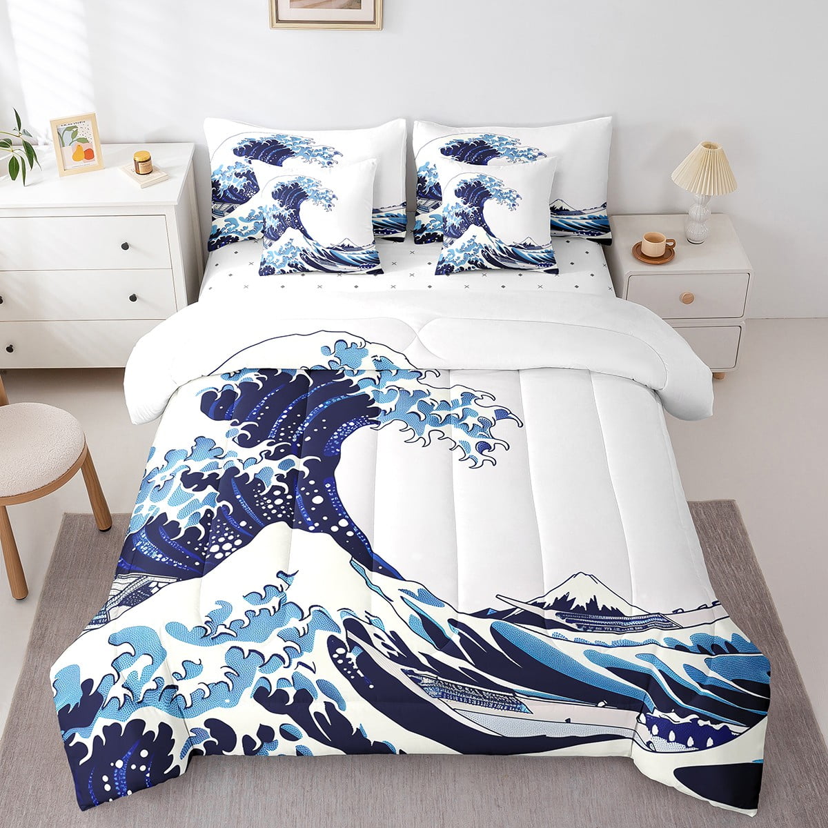 7 Pcs Japanese Style Comforter Set King Sea Ocean Waves Bedding Sets ...