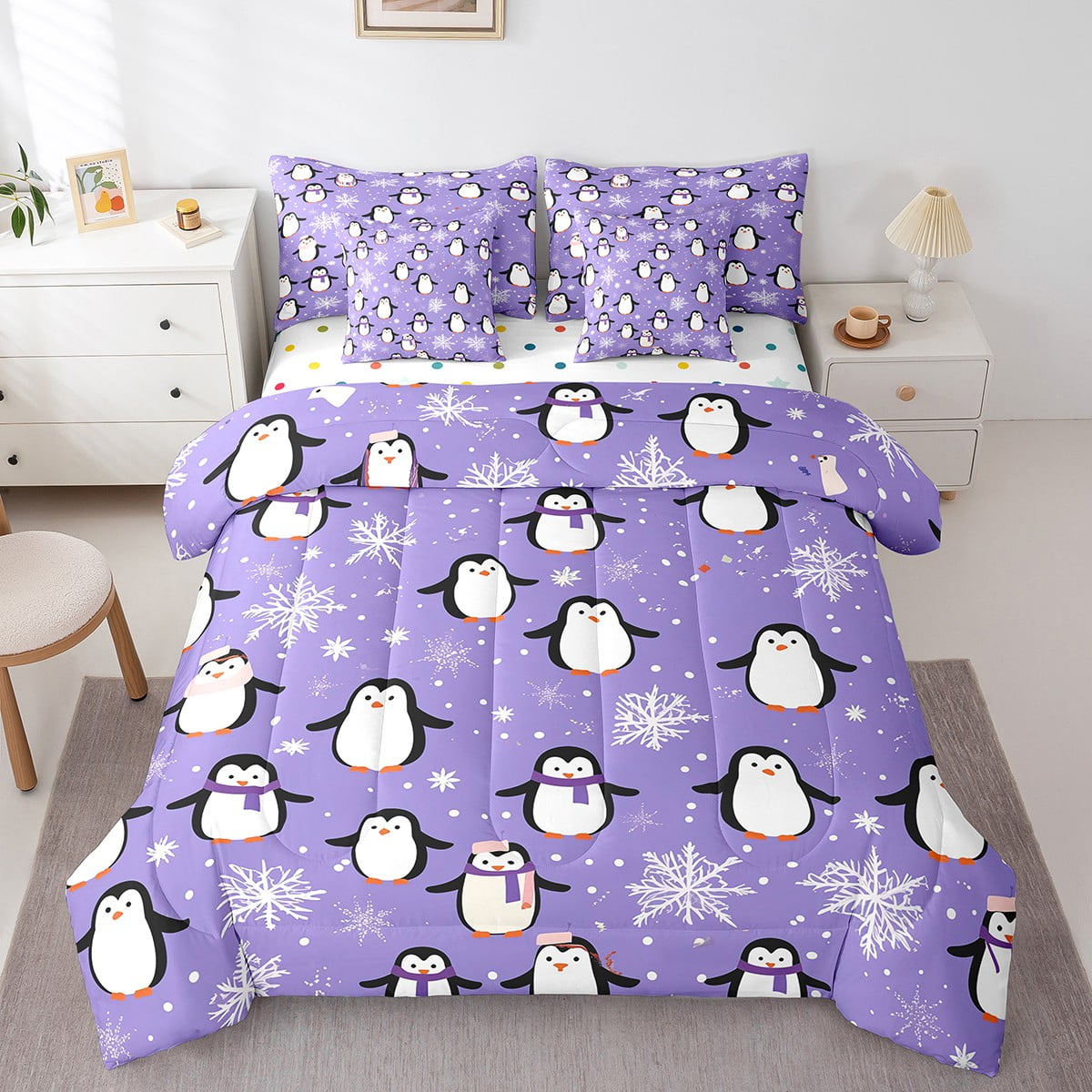 7 Pcs Kawaii Penguin Comforter Set White Snowflake Quilt with Flat ...