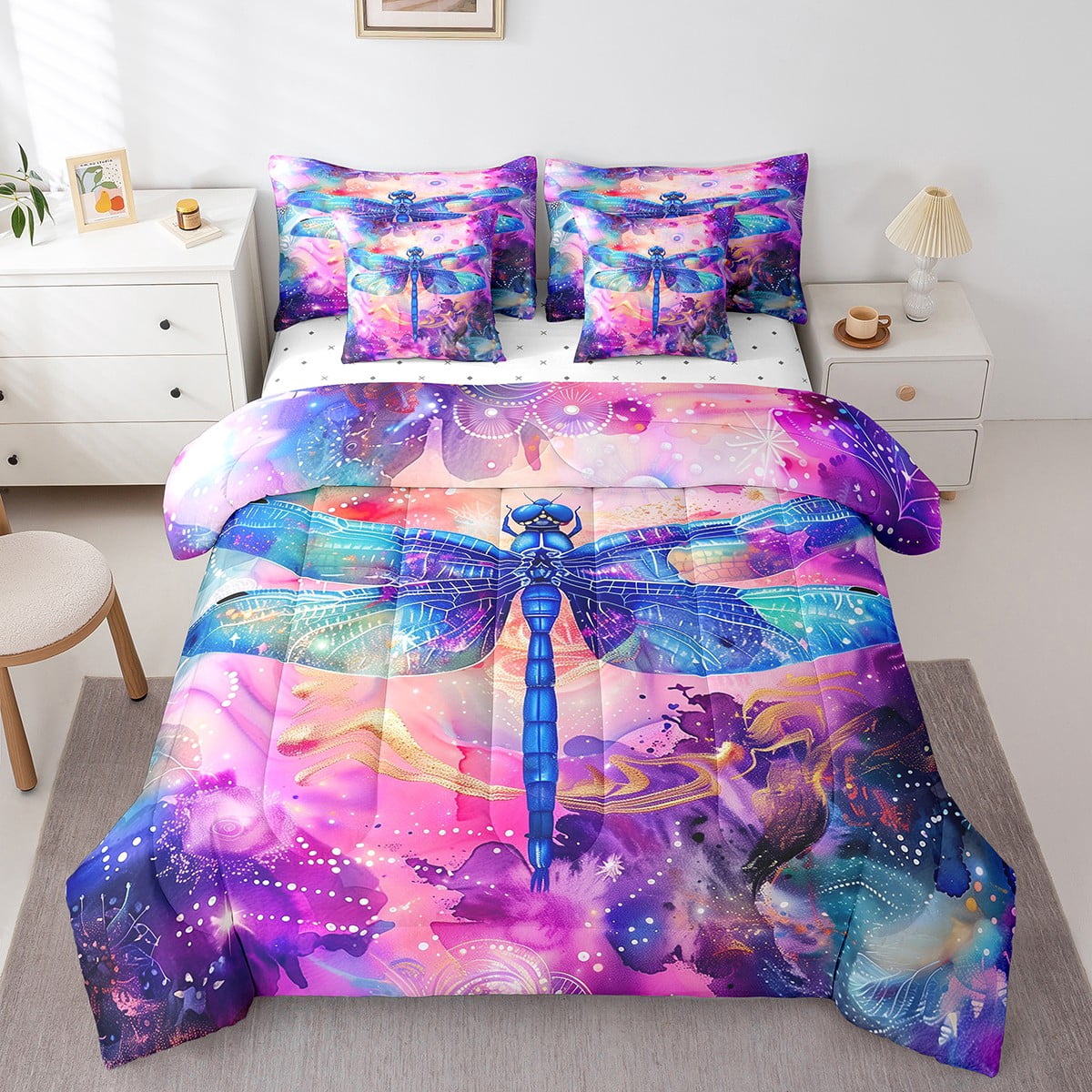 7 Pcs Dragonfly Bedding Set, Full Size Oil Painting Comforter Set Tie ...