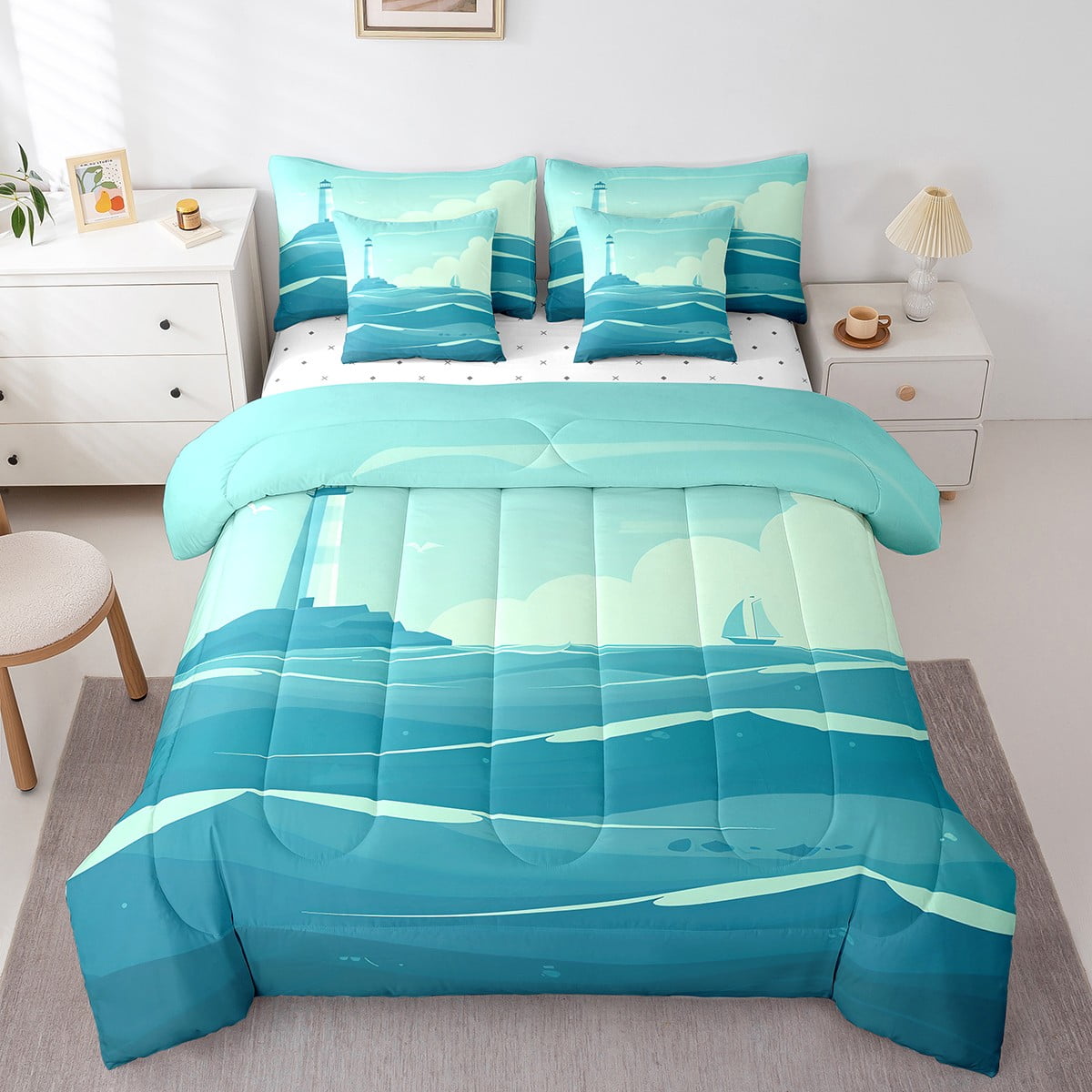 YST 7 Pcs Lighthouse Comforter Set Sailboat Birds Quilt with Flat ...